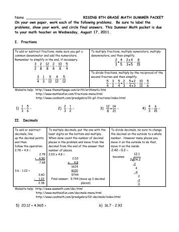 Rising 7th Summer Math Practice Packet