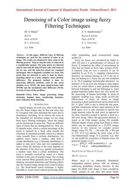 Denoising Of A Color Image Using Fuzzy Filtering Techniques Ijcot