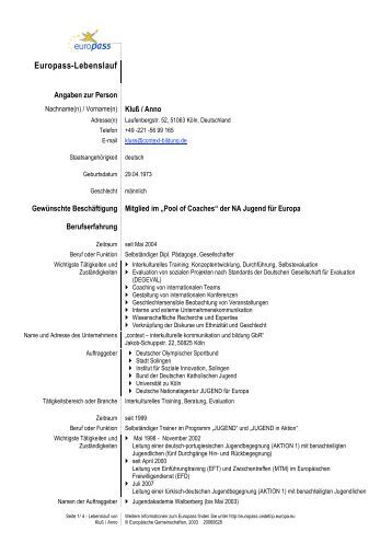 Europass Lebenslauf Angaben zur Person