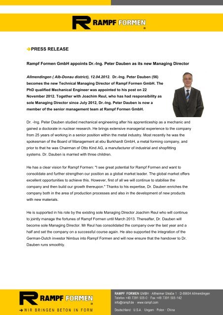 Rampf Formen GmbH appoints Dr.-Ing. Peter Dauben as its new ...