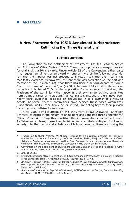 Benjamin M. Aronson A New Framework for ICSID - International ...