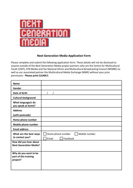 Next Generation Media Application Form - Centre for Multicultural ...