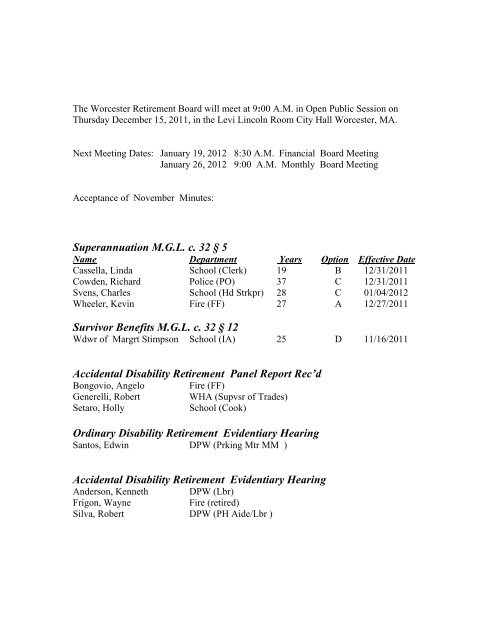 The Worcester Retirement Board will meet at 9:00 A - City of Worcester