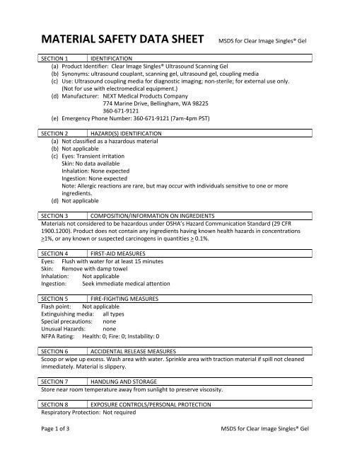 Page 1 of 3 MSDS for Clear Image Singles® Gel MATERIAL ...