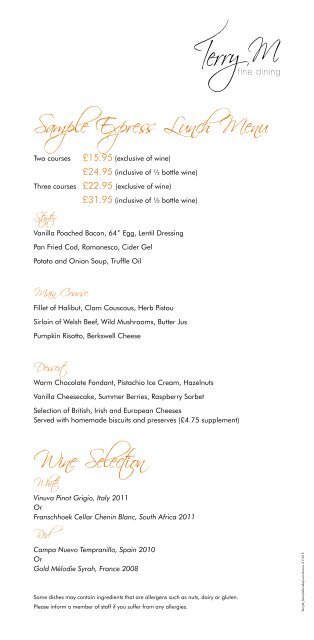Sample Express Lunch Menu Wine Selection - Celtic Manor Resort
