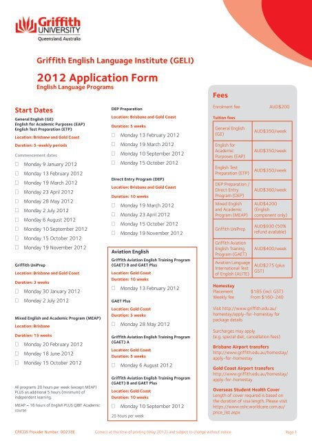 2012 GELI Application Form - Griffith English Language Institute ...