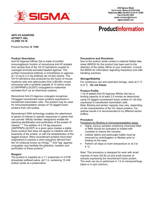 Anti-V5 Agarose Affinity Gel antibody produced in ... - Sigma-Aldrich