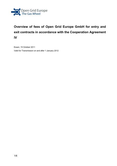 Overview of fees of Open Grid Europe GmbH for entry and exit ...