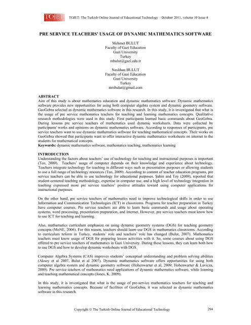 pre service teachers' usage of dynamic mathematics software