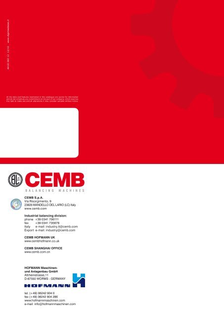 Catalogo equilibratrici asse orizzontale - Cemb S.p.A.