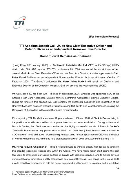 TTI Appoints Joseph Galli Jr. as New Chief - irasia.com