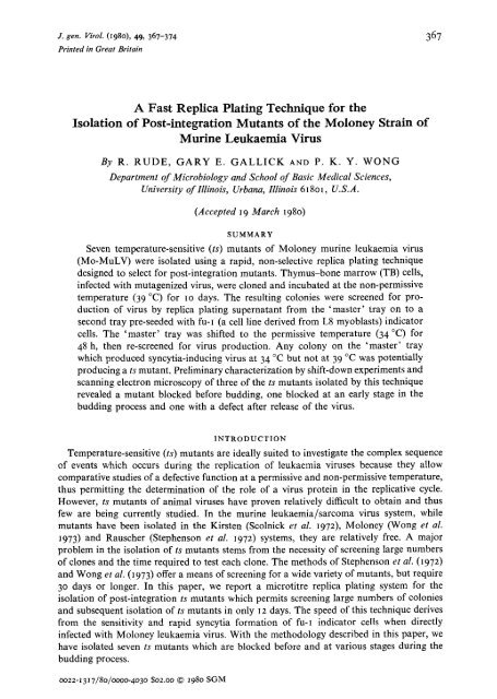 A Fast Replica Plating Technique for the Isolation of Post-integration ...