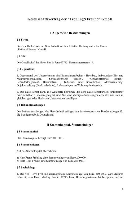 Gesellschaftsvertrag der “Fröhling“ GmbH