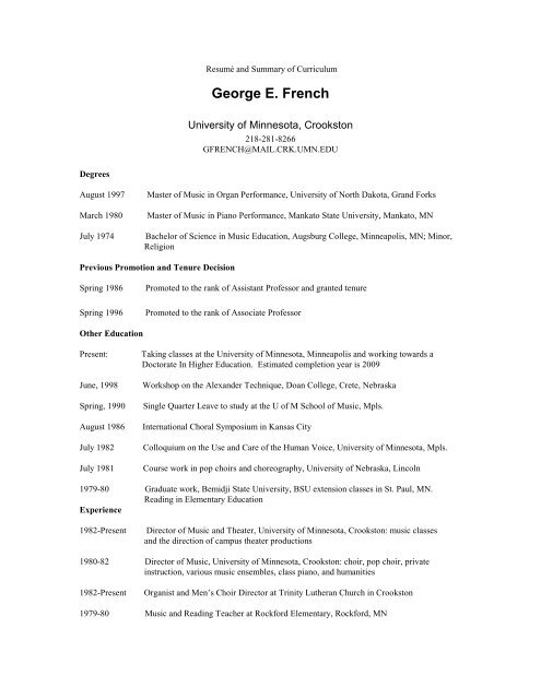 Resume George French - University of Minnesota, Crookston