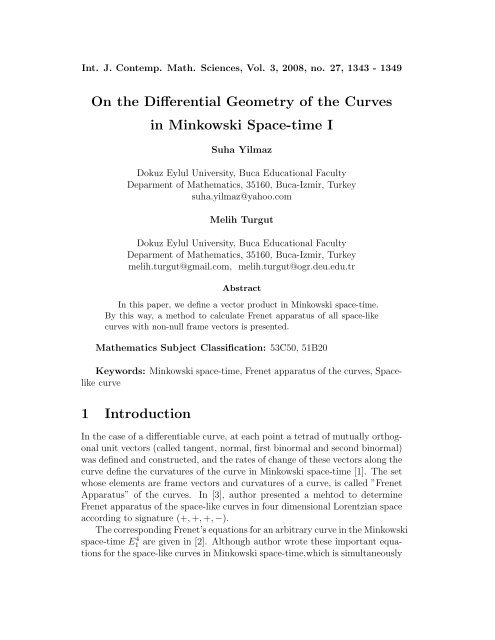 On the Differential Geometry of the Curves in Minkowski Space-time ...