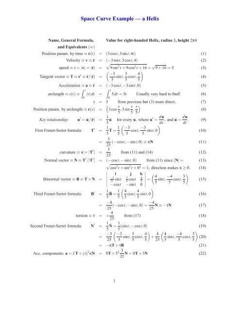 Space curve example for Frenet-Serret equations