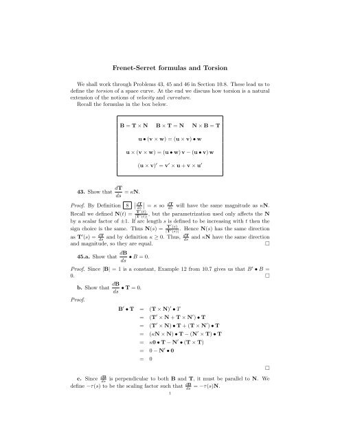 Frenet-Serret formulas and Torsion