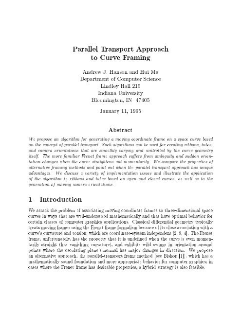 Parallel Transport Approach to Curve Framing 1 ... - Indiana University