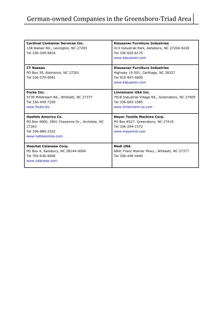 German‐owned Companies in the Greensboro‐Triad Area - Career ...