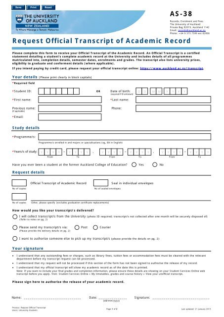 AS-38 Request Official Transcript of Academic Record
