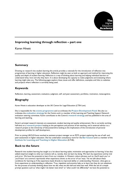 Improving learning through reflection – part one Karen Hinett