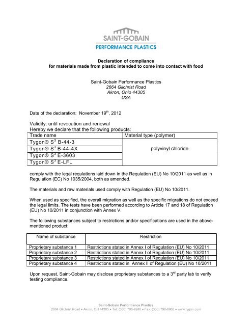 Declaration of compliance for materials made from plastic that come ...