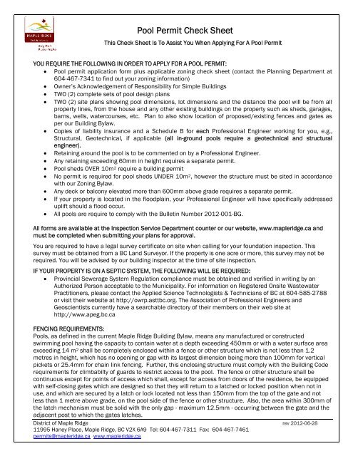 Pool Permit Checksheet & Application - Maple Ridge