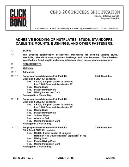 adhesive bonding of nutplates, studs, standoffs - Click Bond, Inc.