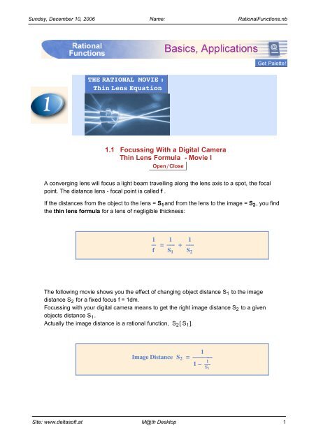 THE RATIONAL MOVIE : Thin Lens Equation 1.1 Focussing With a ...