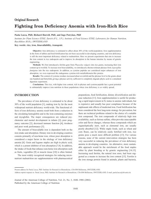 Fighting Iron Deficiency Anemia with Iron-Rich Rice - Journal of the ...