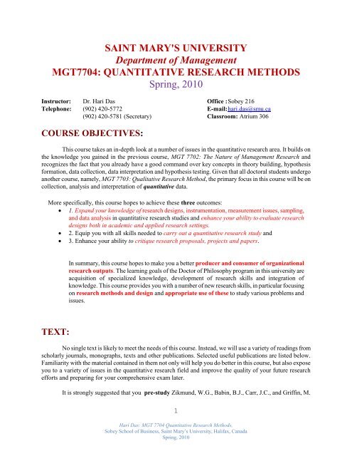 QUANTITATIVE RESEARCH METHODS - Saint Mary's University