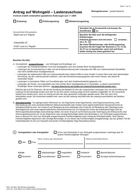 Antrag auf Wohngeld â Lastenzuschuss