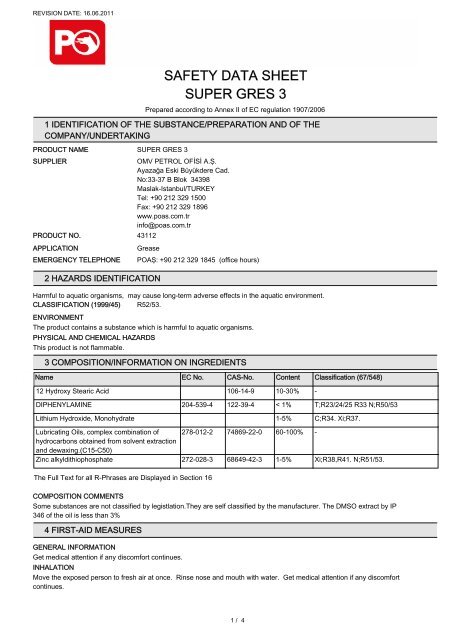 SAFETY DATA SHEET SUPER GRES 3 - Petrol Ofisi
