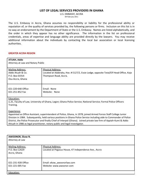 list of legal services providers in ghana - Embassy of the United ...