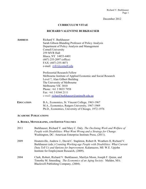 curriculum vitae richard valentine burkhauser - Cornell University