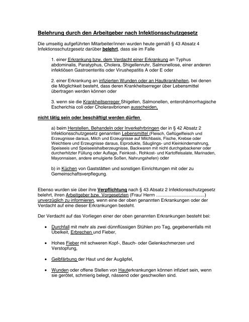 Belehrung durch den Arbeitgeber nach Infektionsschutzgesetz