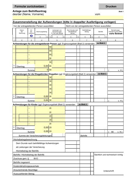 Anlage zum Beihilfeantrag des/der (Name, Vorname) vom ...