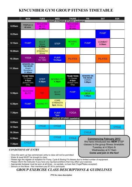 KINCUMBER GYM GROUP FITNESS TIMETABLE