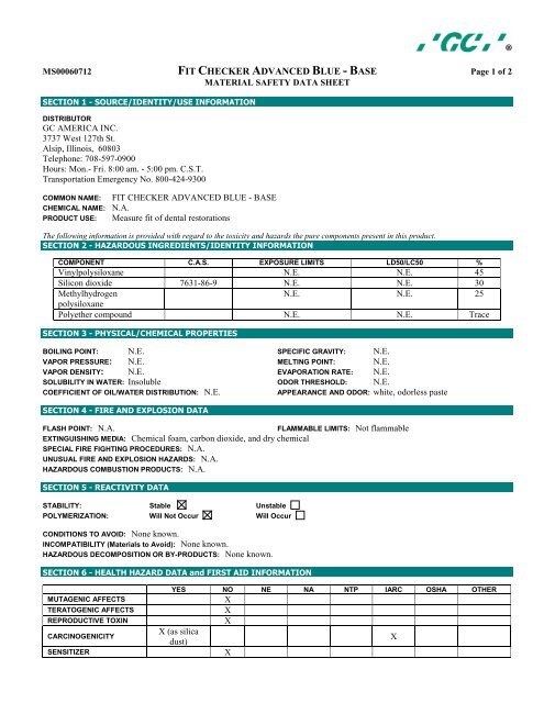 FIT CHECKER ADVANCED BLUE: Base MSDS - GC America