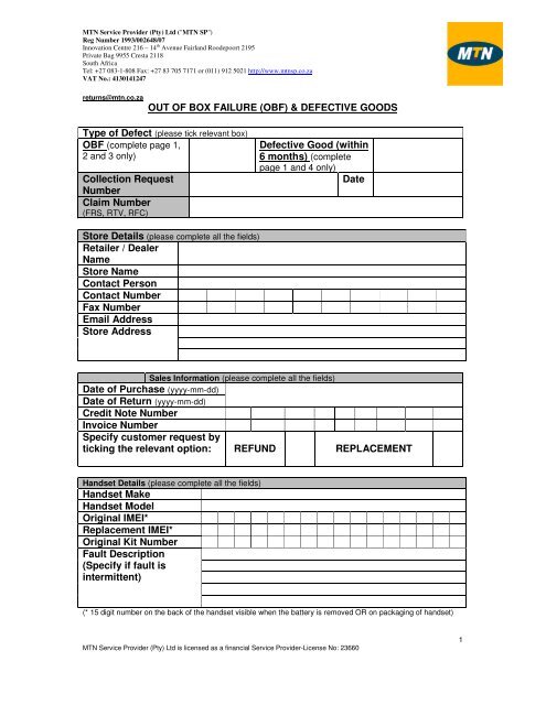 OUT OF BOX FAILURE (OBF) & DEFECTIVE GOODS ... - MTN
