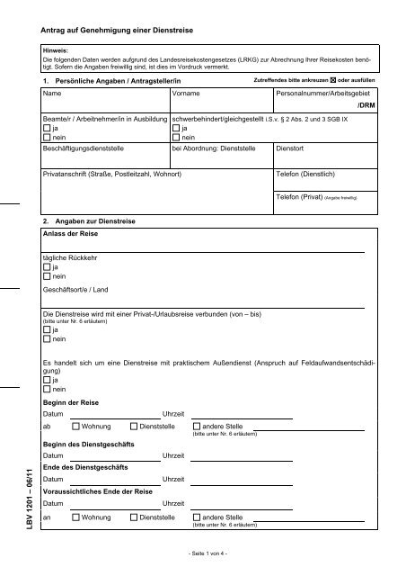 Antrag auf Genehmigung einer Dienstreise LBV 1201 â 06/11
