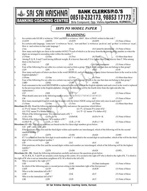 IBPS PO MODEL PAPER - Sri Sai Krishna Bank Coaching Center