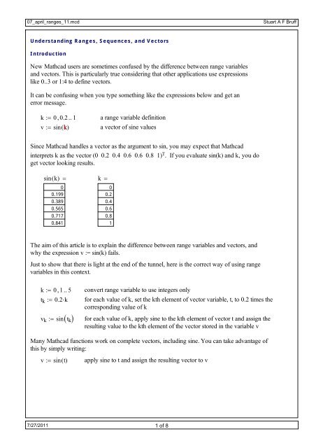 Using Range Variables Versus Vectors In Mathcad PTC