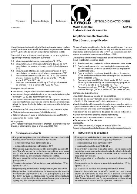 LEYBOLD DIDACTIC GMBH Mode d'emploi 532 14 Instrucciones de ...