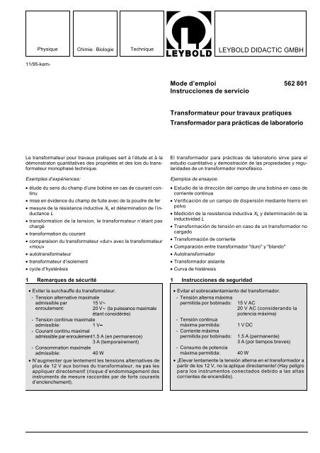 LEYBOLD DIDACTIC GMBH Mode d'emploi 562 801 Instrucciones ...