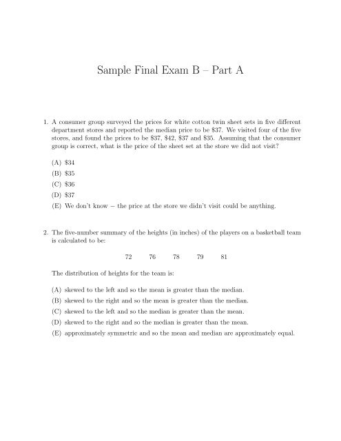 Sample Final Exam B – Part A