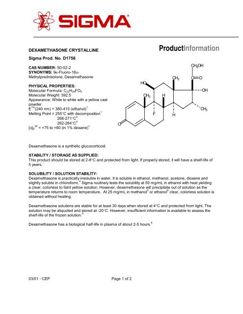 Dexamethasone (D1756) - Product Information Sheet