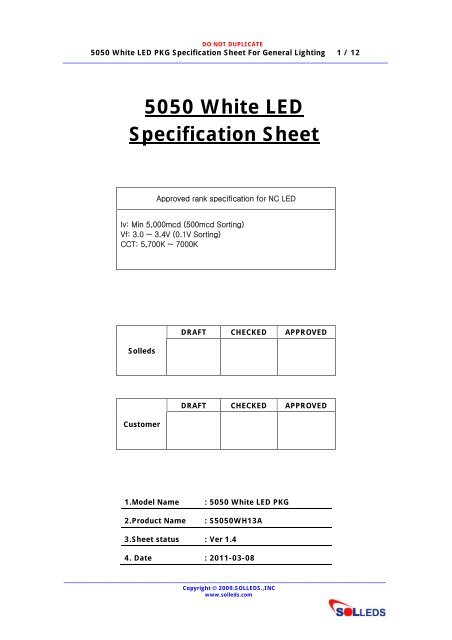 5050 White LED Specification Sheet