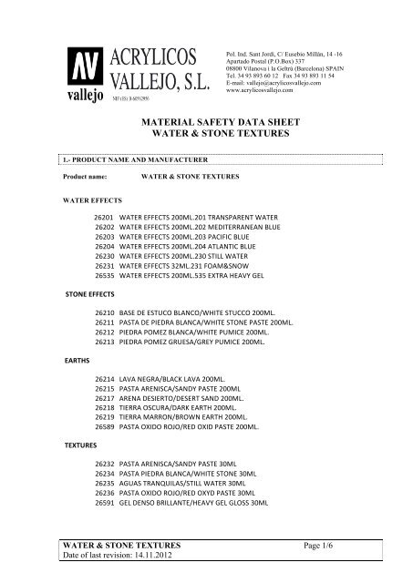MSDS Water & Stone Effects - Acrylicos Vallejo