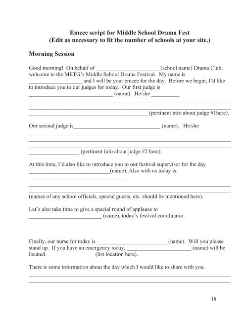 Emcee script for Middle School Drama Fest (Edit as necessary to fit ...